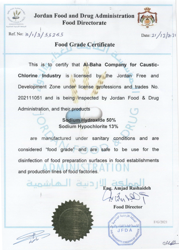 Food Grade Certificate to BCCI - Al-Baha Company For Caustic-Chlorine Ind.
